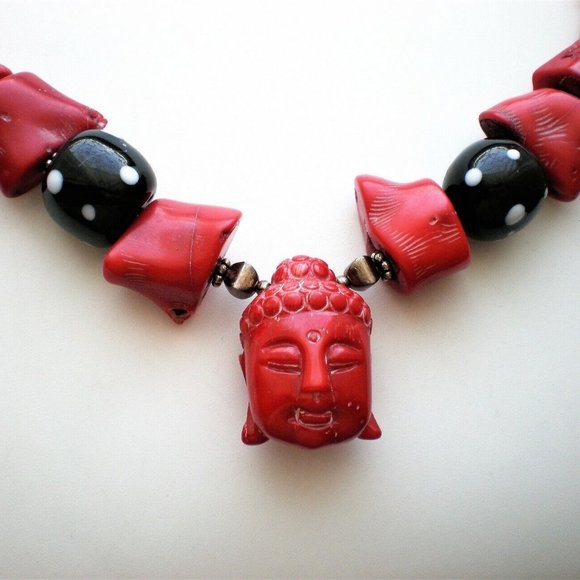 Jewelry | Vintage Ox Blood Red Coral Carved Buddha Beaded Necklace ...